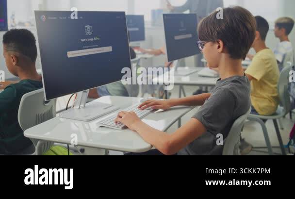 Smart Young Boy Using Computer, Creating Digital Illustration in AI ...