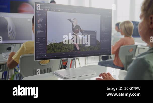 Smart Young Girl Using Computer, Creating Game Character in Design Software, Practicing 3D ...