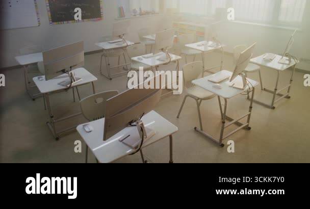 High-Tech School Computer Lab with Desks and PC Monitors. Modern ...