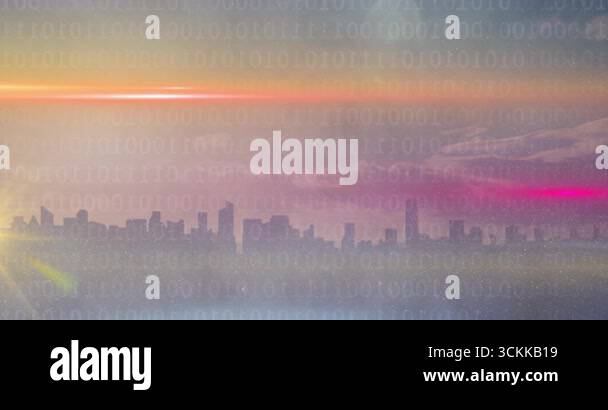 Orange glow emerging, flare sweeping, binary code pulsing, visualizing dawn over city silhouette ...