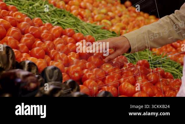 Male shopper reaching into tomato display and lifting fruit for ...