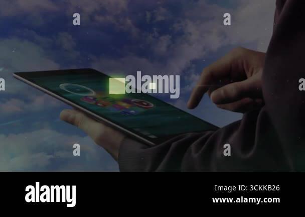 Finger tapping tablet animating squares releasing icons ascending while ...