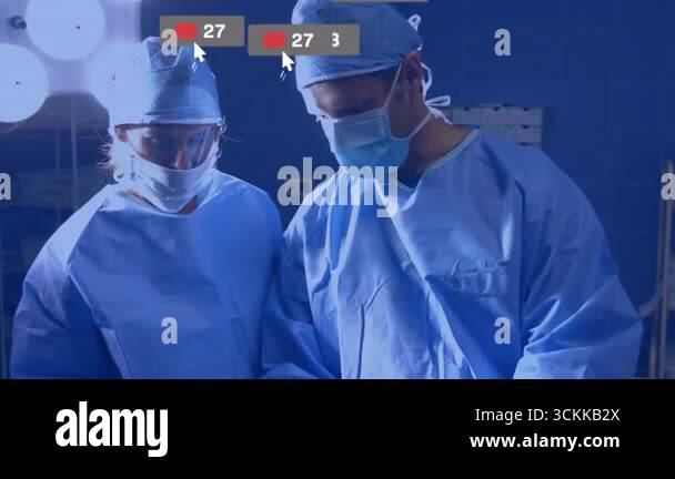 Two surgeons adjusting mask fit as social media icons swirling then ...