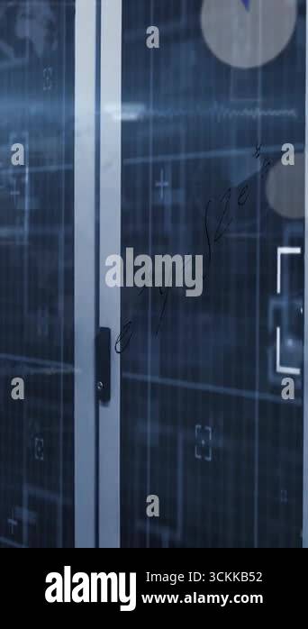 Animation of data processing and mathematical equations floating against computer server room ...