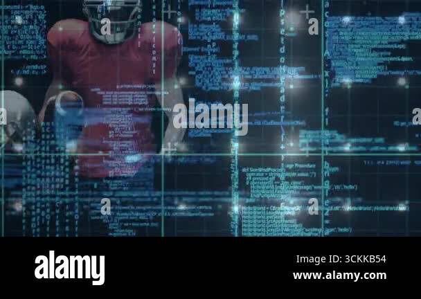 Code overlay fading revealing football player sprinting across grid as ...