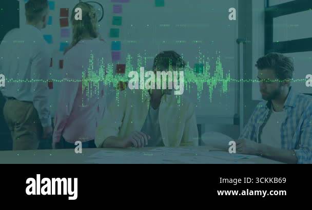 Office team grabbing sticky notes on whiteboard and starting business ...