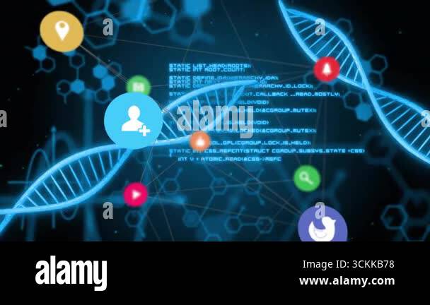 On launch glowing blue DNA helix emerging in dark scene, visualizing data network code and icons ...