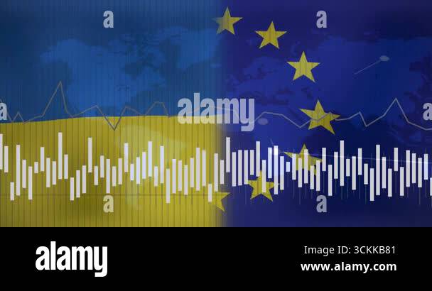 Opening split Ukrainian and EU flags driving pulsing waveform and ...