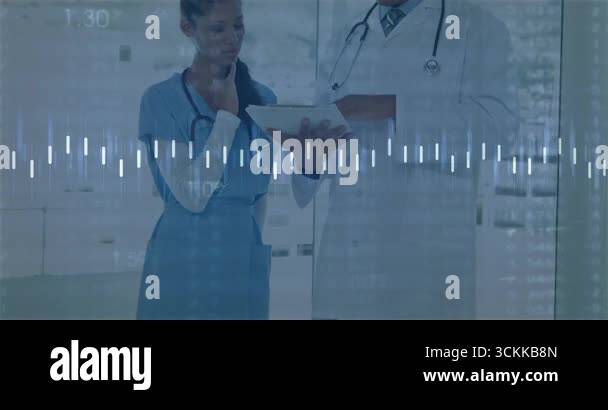 Nurse pondering patient metrics with doctor swiping tablet, revealing ...