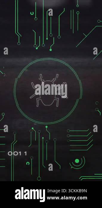 Animation of data processing over bug icon. Technology and digital ...