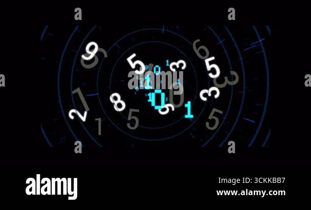 Binary digits flickering to expand core, decimals orbiting and fading outward revealing data ...