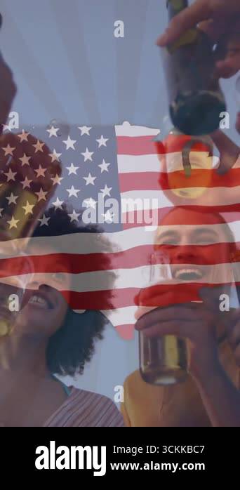 Group of friends toasting with drinks over USA flag animation ...