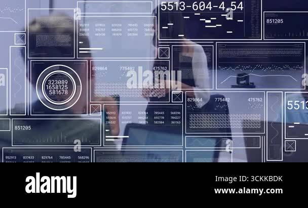 Presenter gesturing pen starting business presentation and showing animated charts gauges and ...