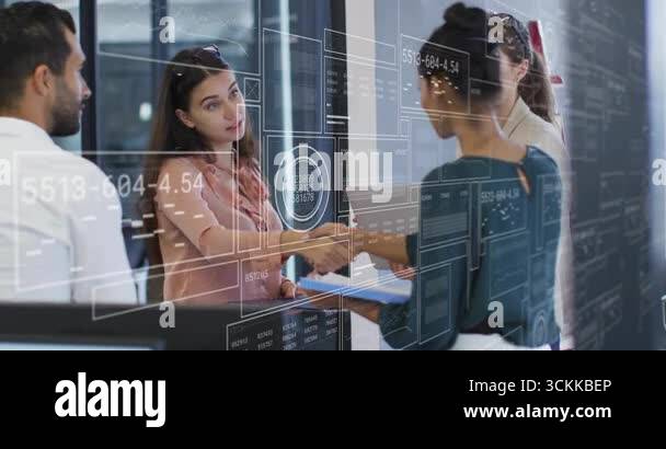 Client arriving glass counter causing receptionist greeting and binder ...