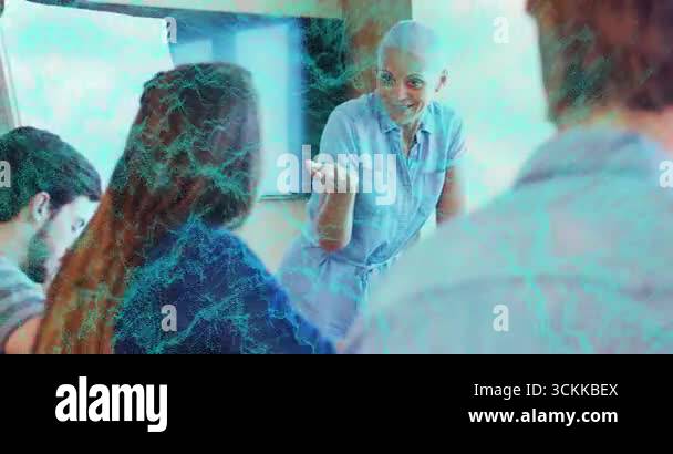 Presenter lifting hand introducing topic in business meeting gesturing ...