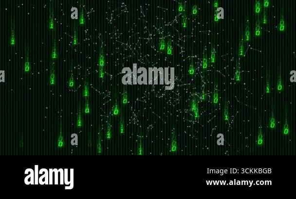 On binary cascade green code flowing as white network pulsing fading splitting nodes showing ...