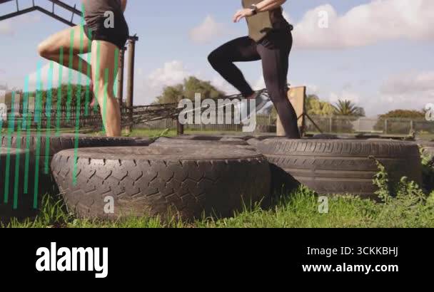 Two women initiating fitness exercise by placing right feet on first ...