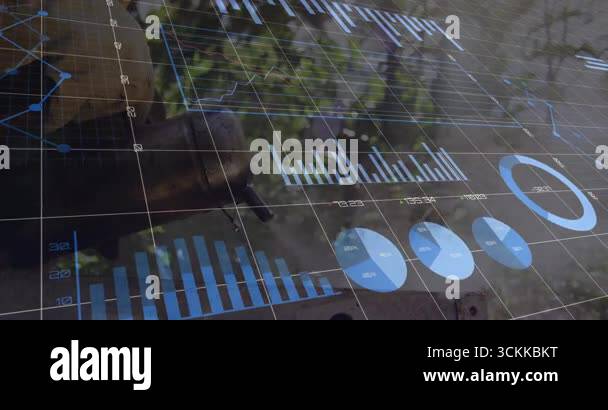 Construction pro holding drill with live data grid animating bar-pie-line-circular charts ...