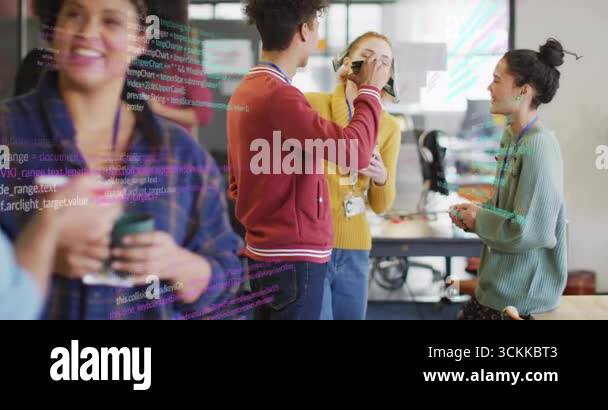 Colleagues exchanging cups and sipping while animated code overlay sparking tech brainstorming ...