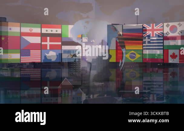 Fading-in globe initiating rotation, reflecting flags and skyline for global unity visualization ...