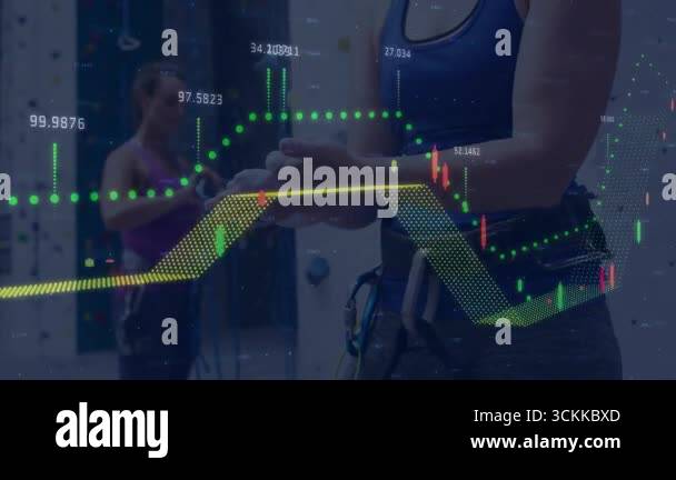 Foreground climber rubbing chalk and initiating animated fitness chart overlay for grip inside ...