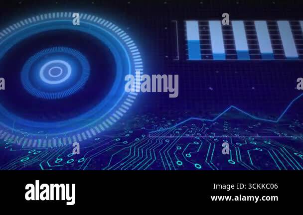 Circuit traces emerging causing HUD pulsing, bars filling and line graph animating for analytics ...
