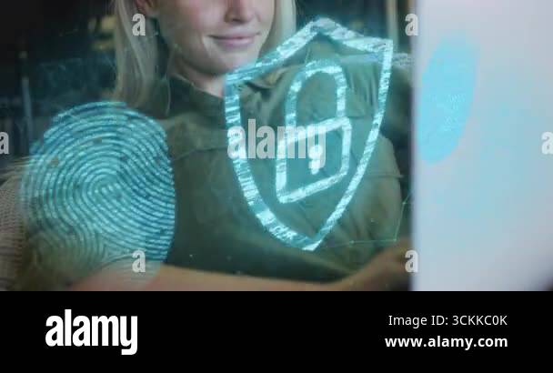 Data stream sweeping starting authentication, icons animating as woman ...