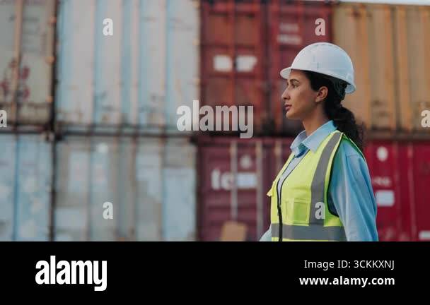 Beautiful Woman Construction Owner, Walking Through Outdoor Warehouse ...
