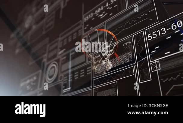Basketball player's arm lifting ball to hoop, digital data panels ...
