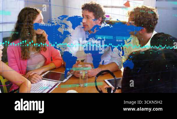 As transparent world map overlay animating, team analyzing charts for business strategy ...