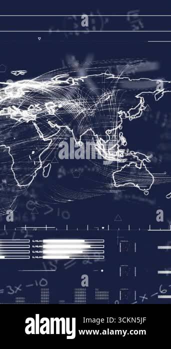 Animation of map and loading bars over mathematical equations against ...
