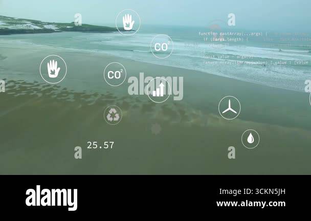 Drone panning coastal scene initiating icons fading and updating values ...