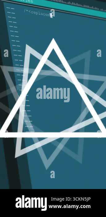 Animation of triangle rotating over data processing on computer screens ...