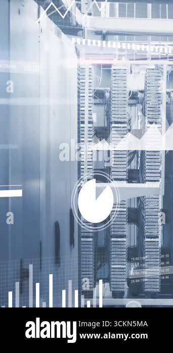 White graphs, charts and data processing over computer server room. Communication, data and ...