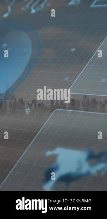 Animation of interface with data processing against aerial view of ...