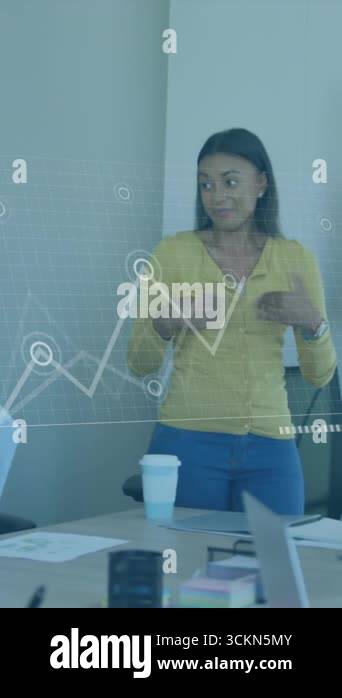 Animation Of Statistical Data Processing Over African American Woman Giving A Presentation At