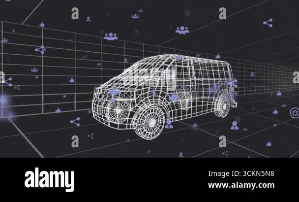 On start purple social icons drifting past wireframe van and fading behind grid showing ...
