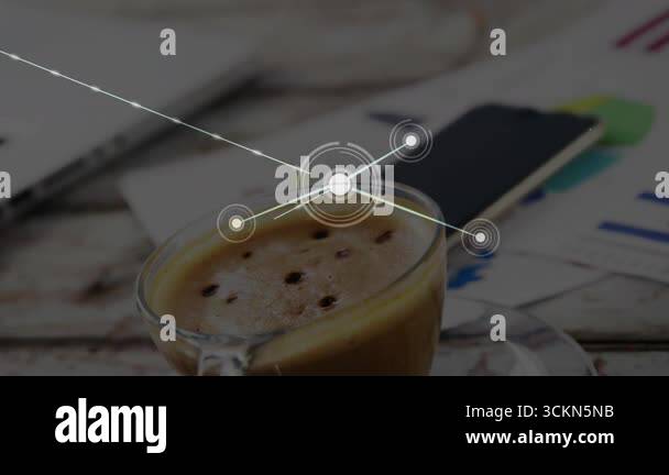 Glowing node emerging above coffee cup spreading network lines across ...