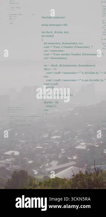 Overlaying computer code, cityscape with trees and buildings in ...