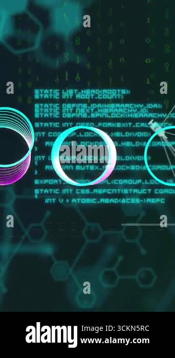 Hexagonal patterns and binary code animation, data processing over scientific background ...