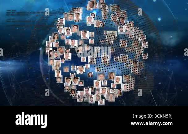 on loading professionals forming rotating globe of portraits with grid lines showing global ...