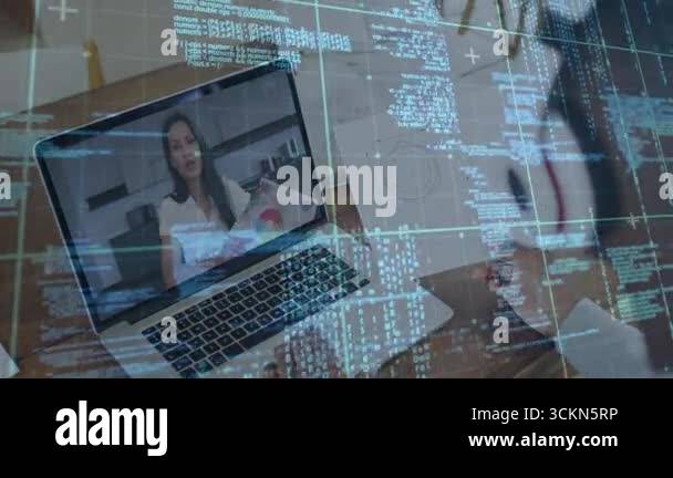 man joining tech meeting and taking notes while presenter rotating ...