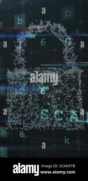 Animation of padlock icon and data processing on black background. Global connections, computing ...