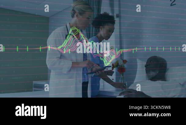 Doctor tapping medical screen showing ECG as nurse comforting patient ...