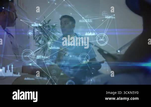 Doctor pointing to node as nurse tapping tablet, clinician viewing data overlay in medical ...