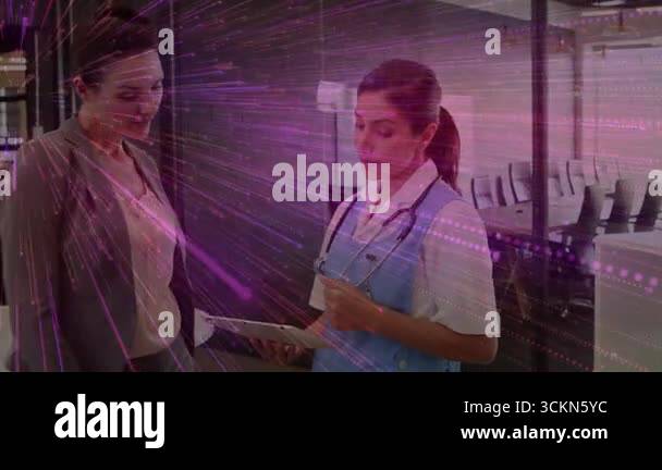 Nurse tapping tablet, manager pointing and doctor entering chat amid ...