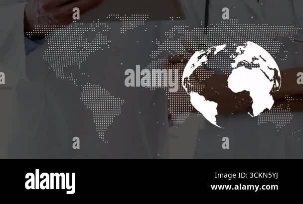 world map and globe overlay fading revealing two doctors pointing at ...