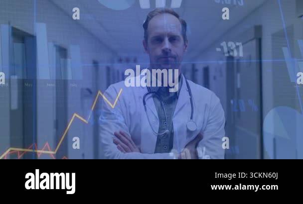 Doctor looking at camera, yellow line graph rising, lines oscillating ...