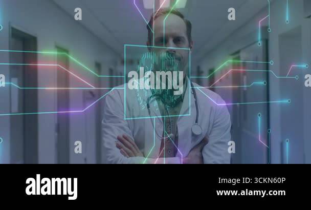 Doctor in corridor receiving cyan square from projector mapping face ...