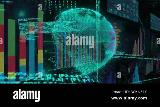holographic Earth emerging and rotating as code scrolling and charts updating showing data cycle ...